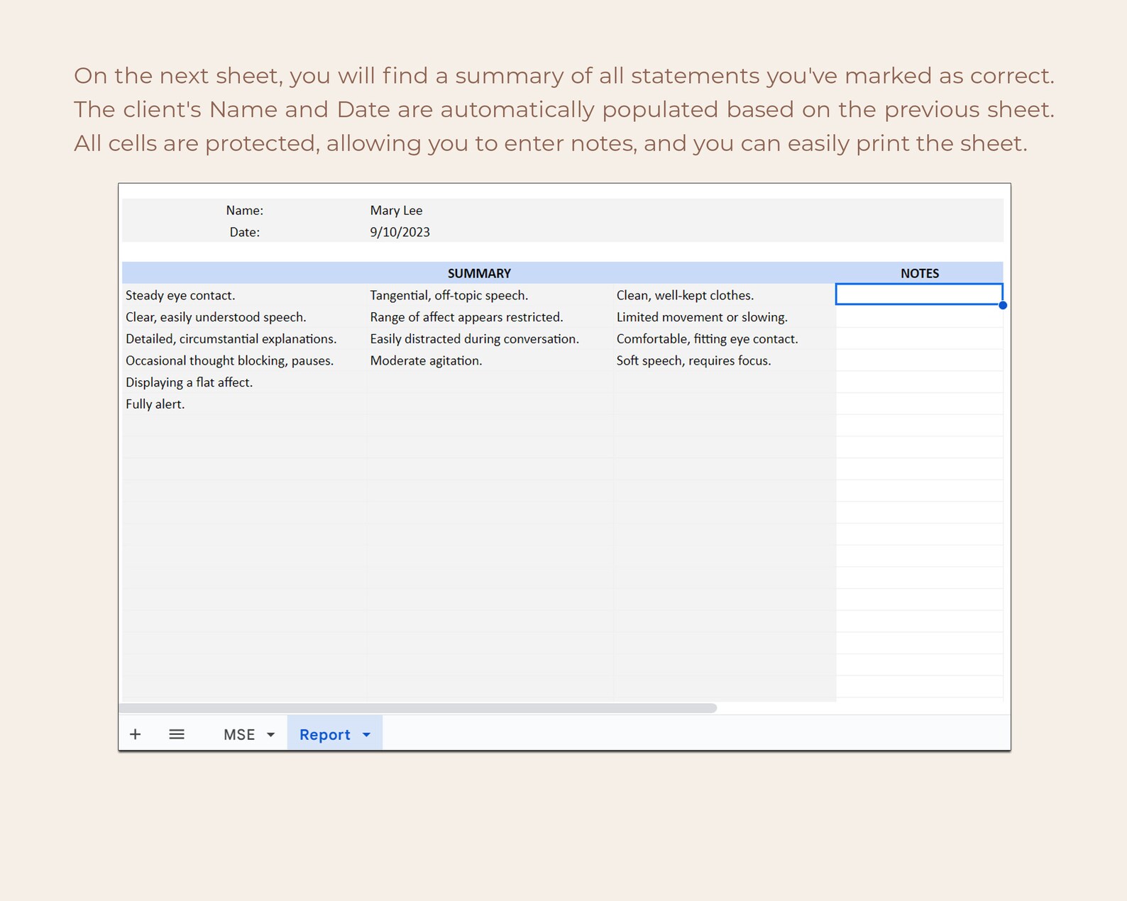Mental Status Exam, MSE Spreadsheet, Mental Status Assessment ...