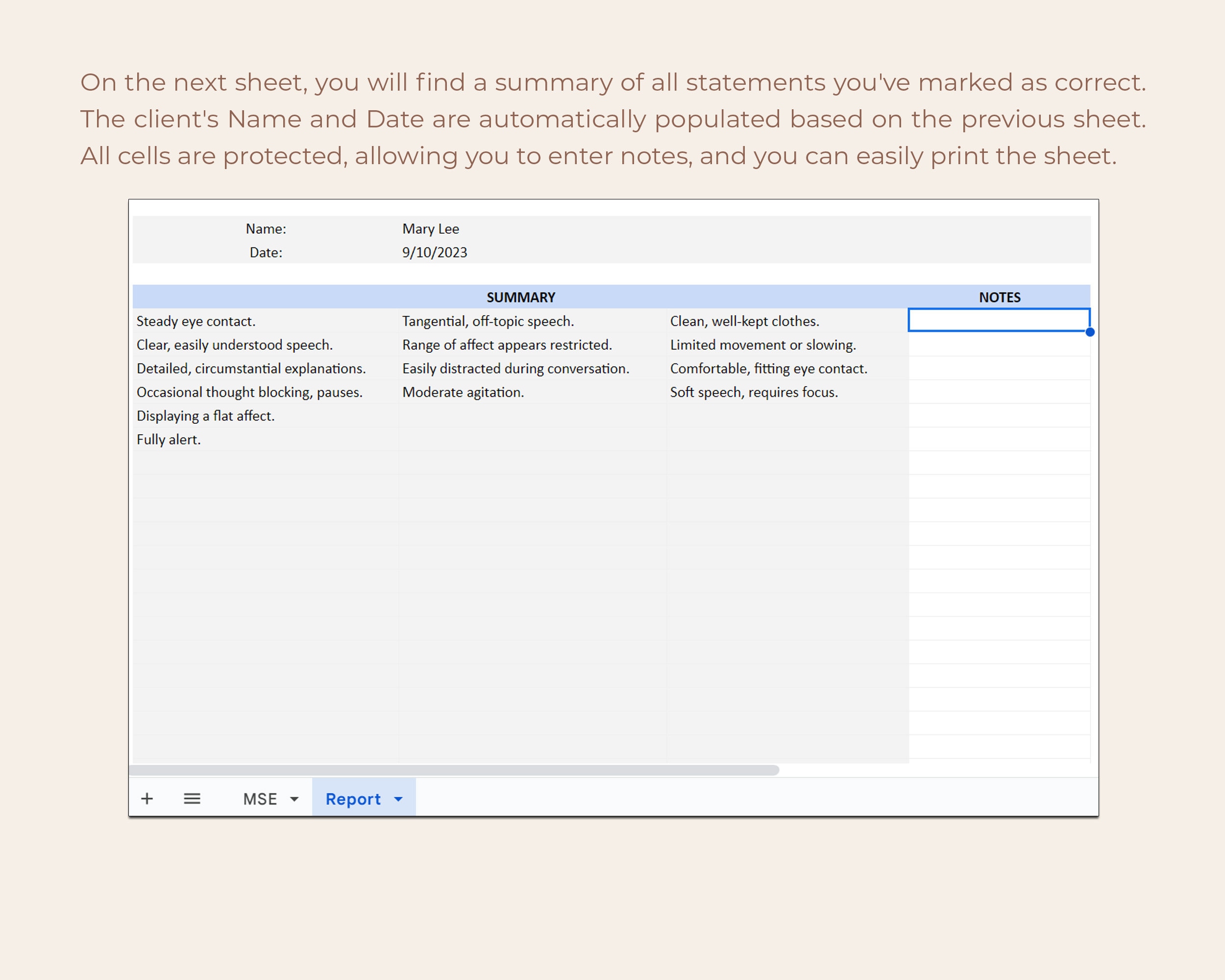 MSE Sheet Template, Mental Status Exam, Mental Status Assessment ...