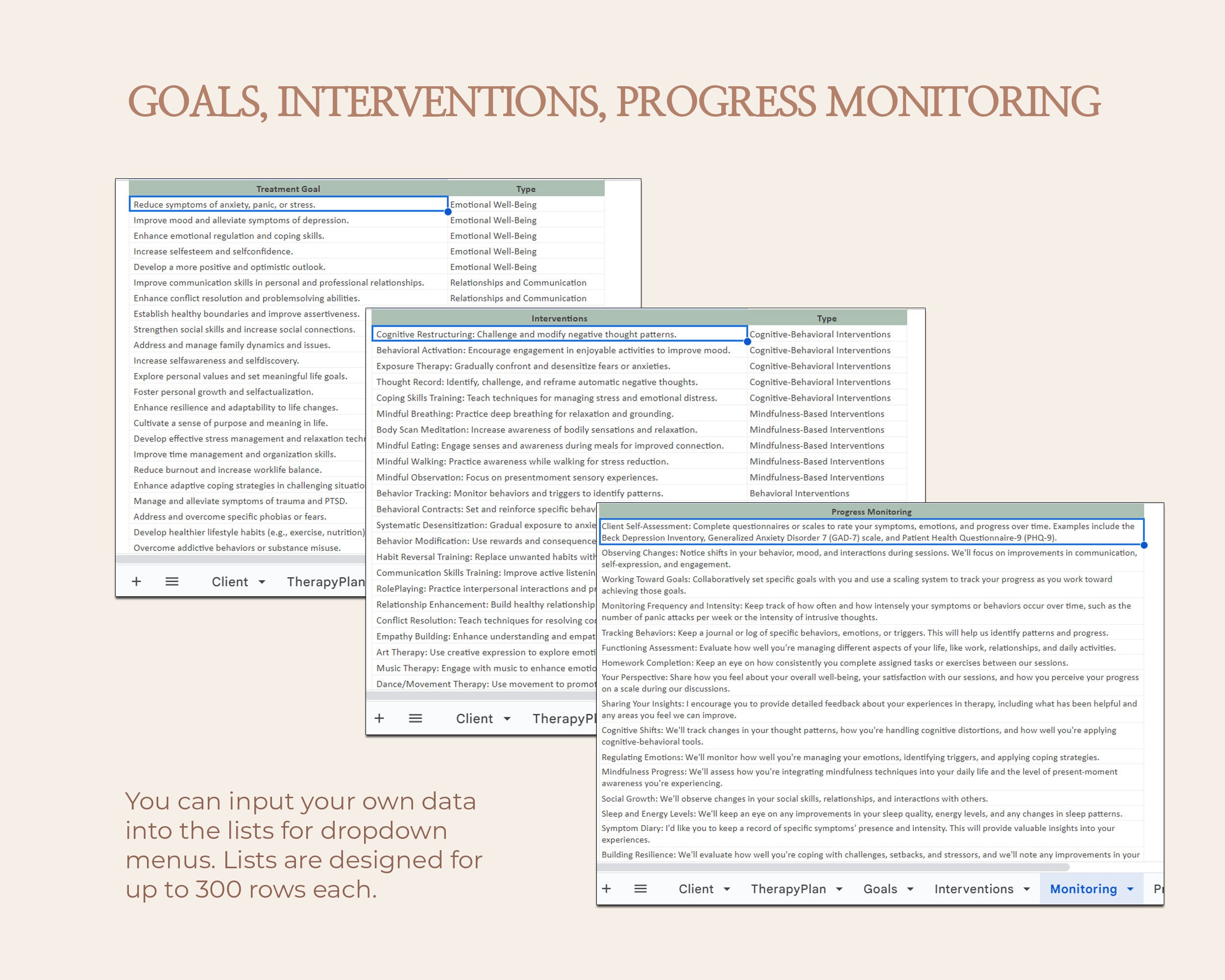 Treatment Plan Template, Spreadsheet for Therapists, Goals ...