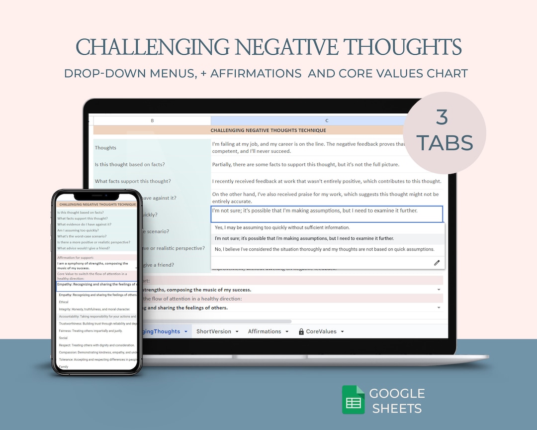 Challenging Negative Thinking Template CBT Worksheet Reframing Thoughts ...