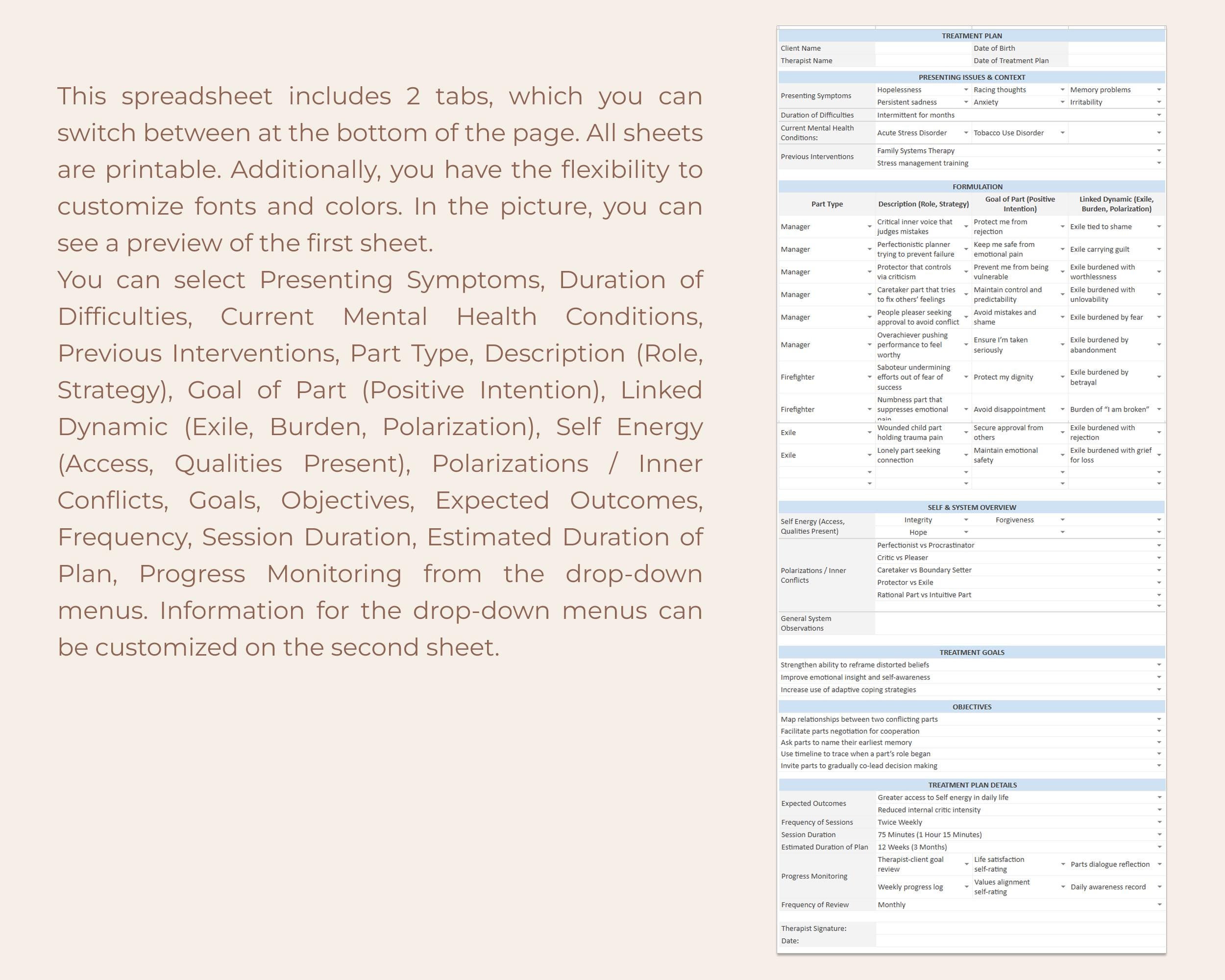 Parts-work Treatment Plan Template for Therapists Coaches Mapping Inner ...