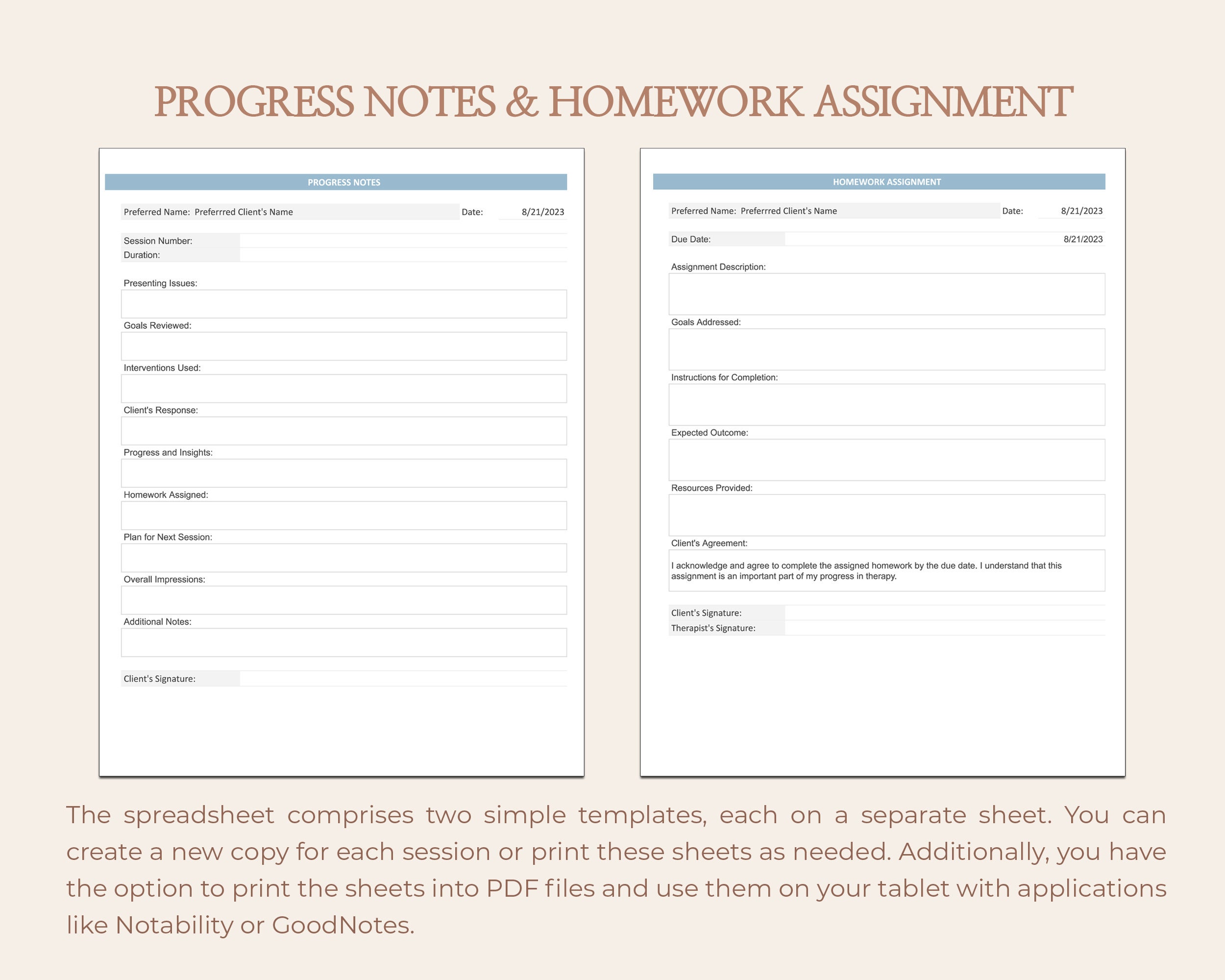 Treatment Plan Template, Spreadsheet for Therapists, Goals ...