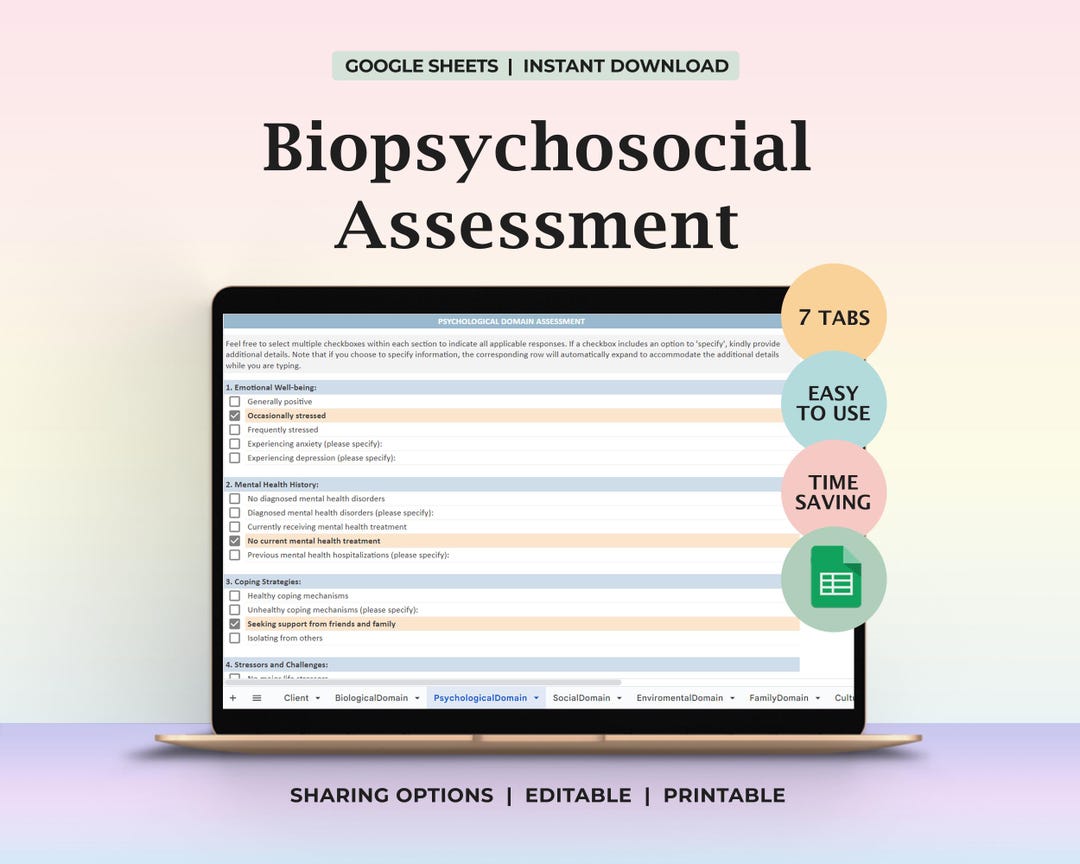 Biopsychosocial Assessment Spreadsheet, Psychotherapist Tool ...