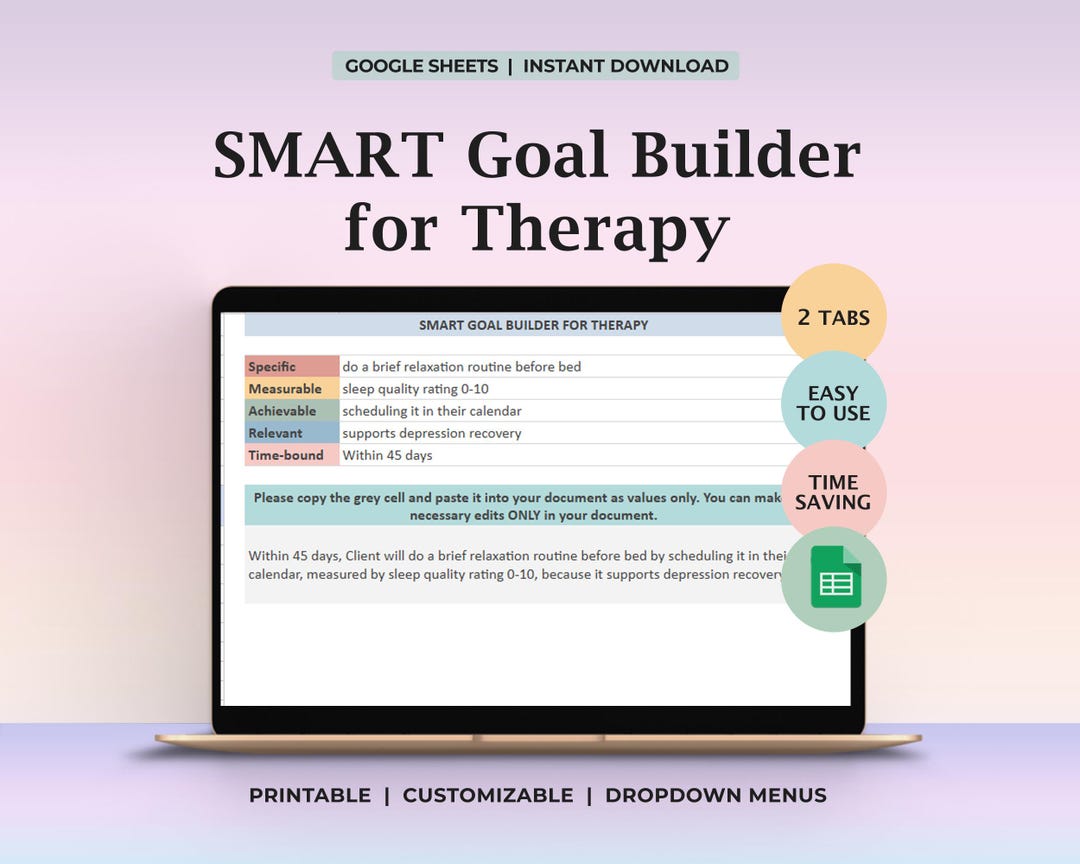 Therapy SMART Goals Spreadsheet Treatment Plan Progress Notes Session ...