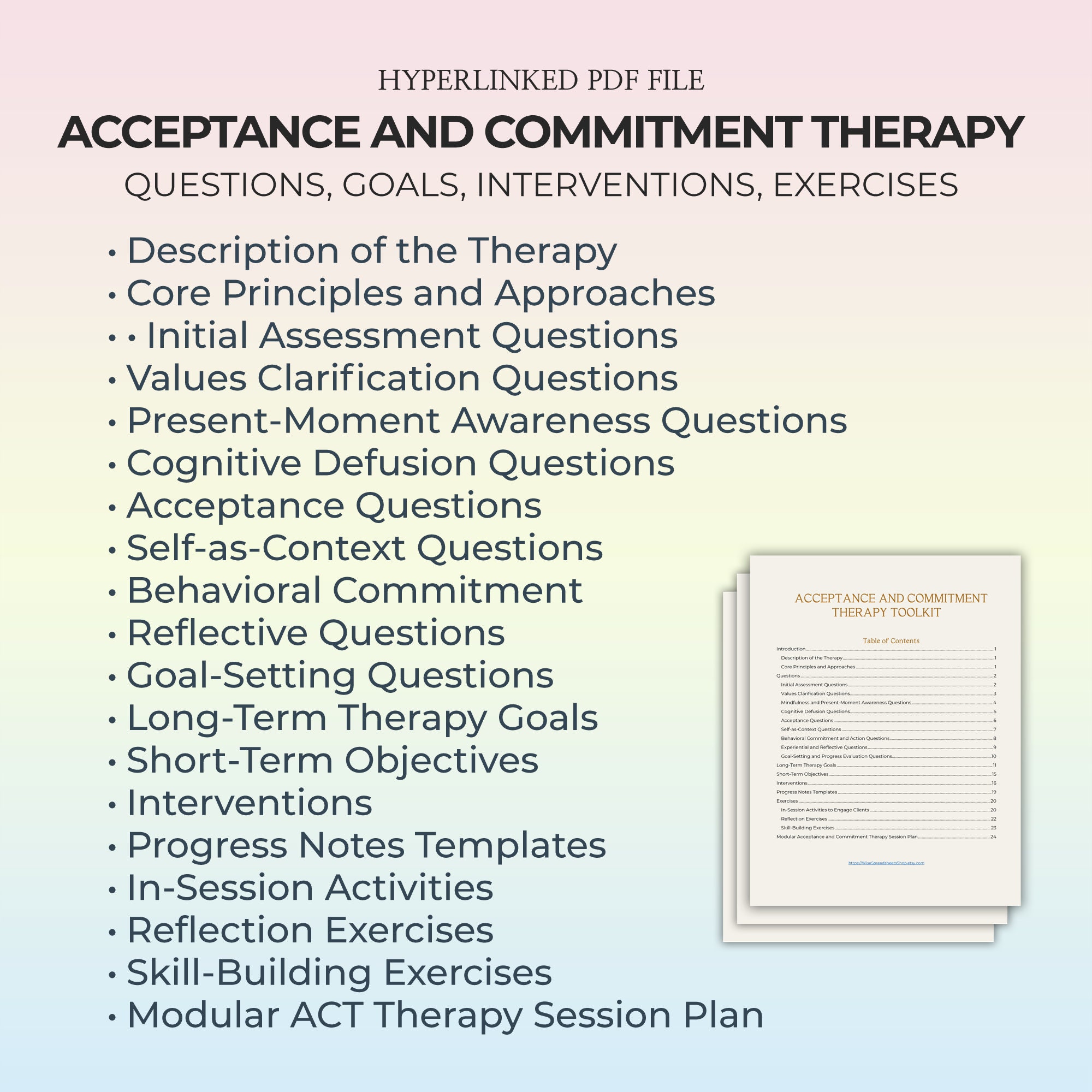 ACT Therapy Questions, Acceptance and Commitment Psychotherapy Guide, ACT Therapy Session Plan ...