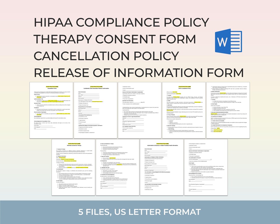 Therapy Consent Form HIPAA Compliance Policy Cancellation Agreement ...
