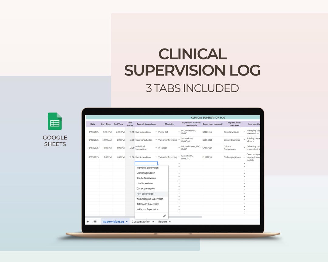 Clinical Supervision Log Template for Pre Licensed Therapists Tracking ...