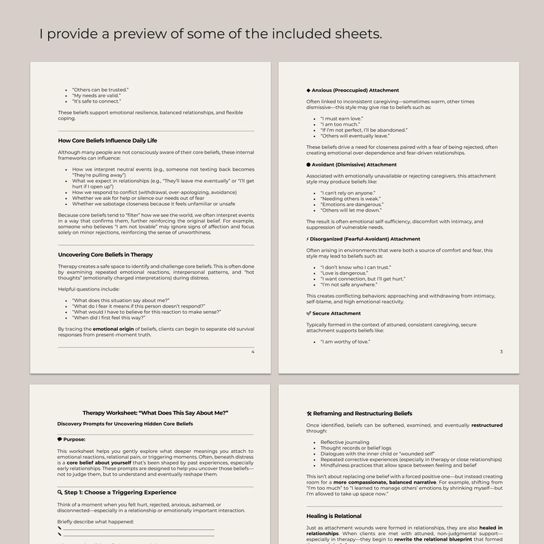 Attachment Therapy Worksheets Core Beliefs Self Worth Schema Therapy ...