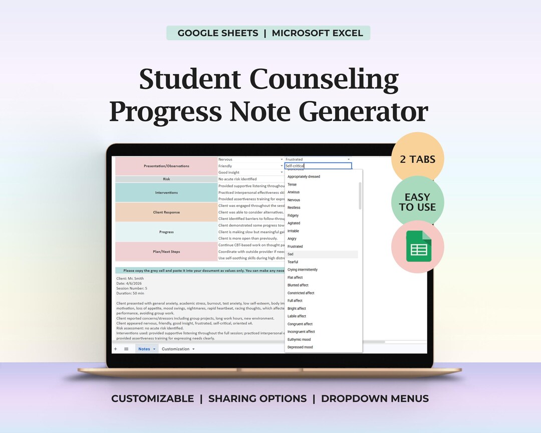 Student Counseling Progress Note Generator Spreadsheet College Client ...