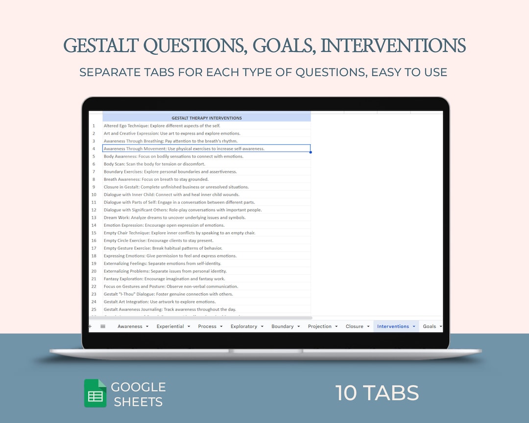 Gestalt Interventions Questions Goals Therapist Checklist Worksheets ...