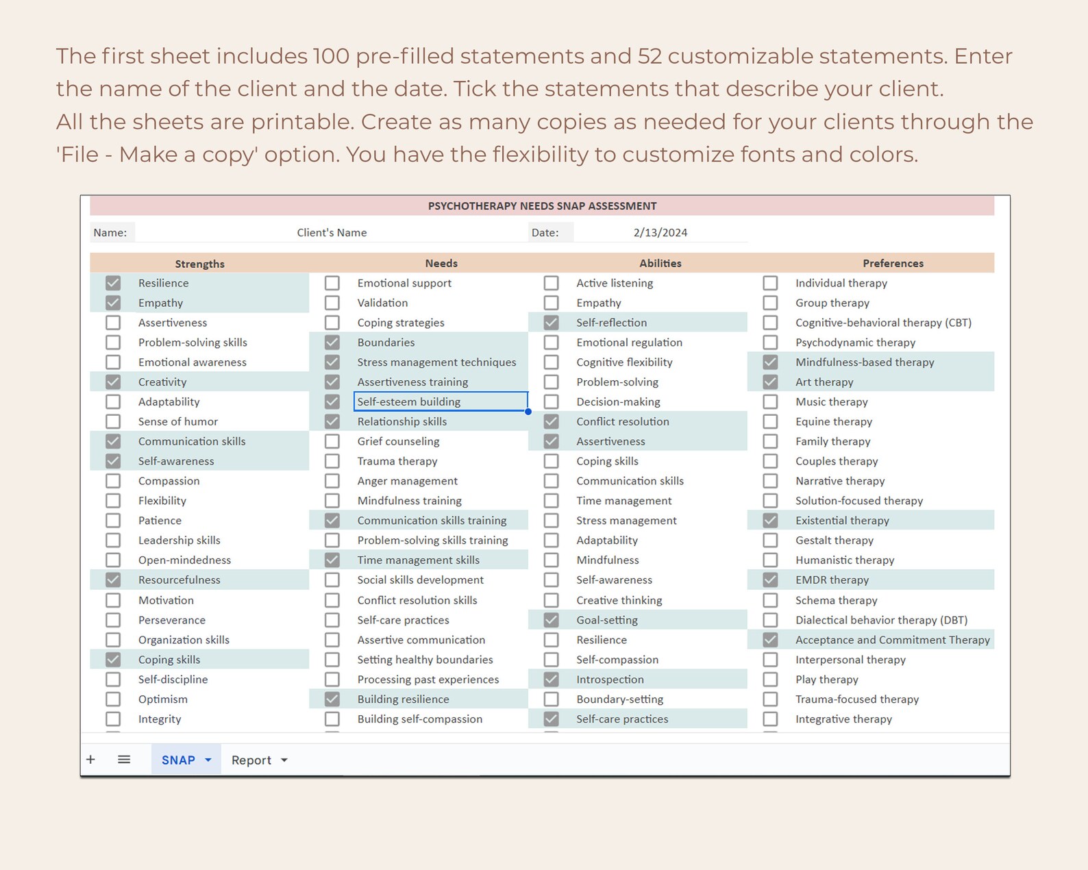 SNAP Assessment Template, Counseling Snap Assessment, Mental Health, Behaviour Assessment ...