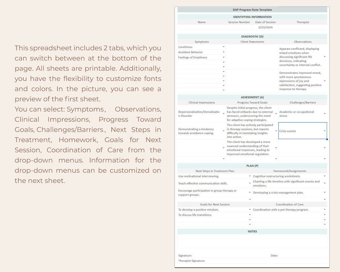 Therapy Progress Note Template, DAP Progress Notes, Therapist Template ...