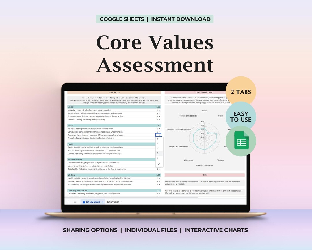 Core Values Worksheet, Core Beliefs Assessment, Personal Values ...