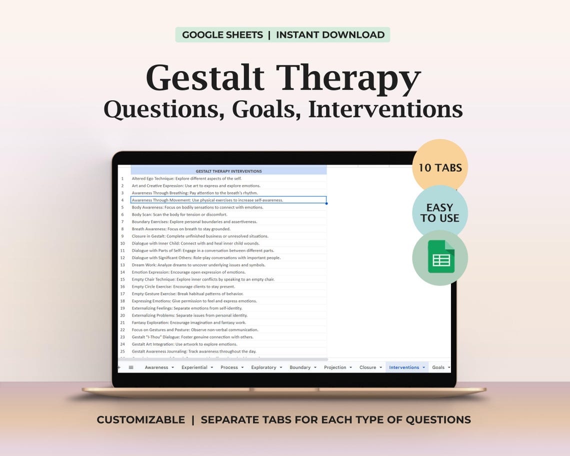 Gestalt Interventions Questions Goals Therapist Checklist Worksheets ...