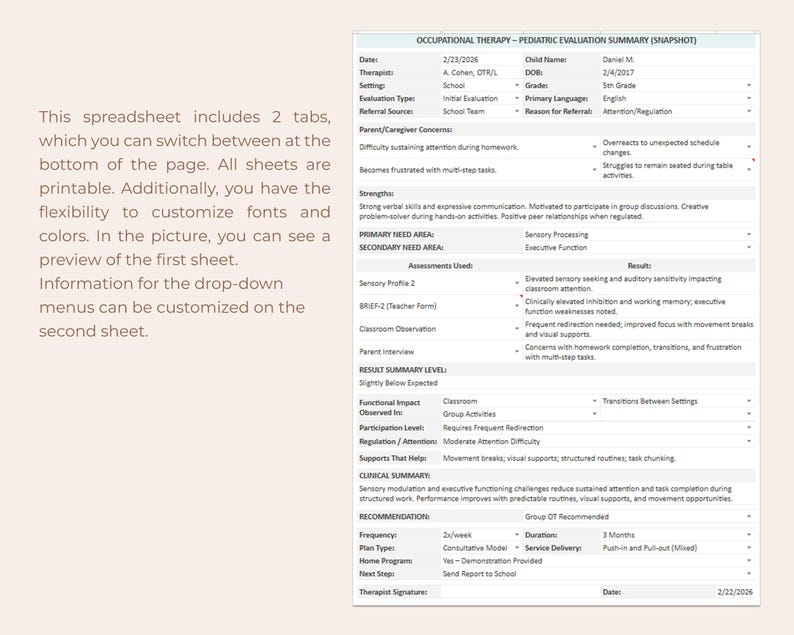 Pediatric OT Evaluation Template Google Sheets School Based ...