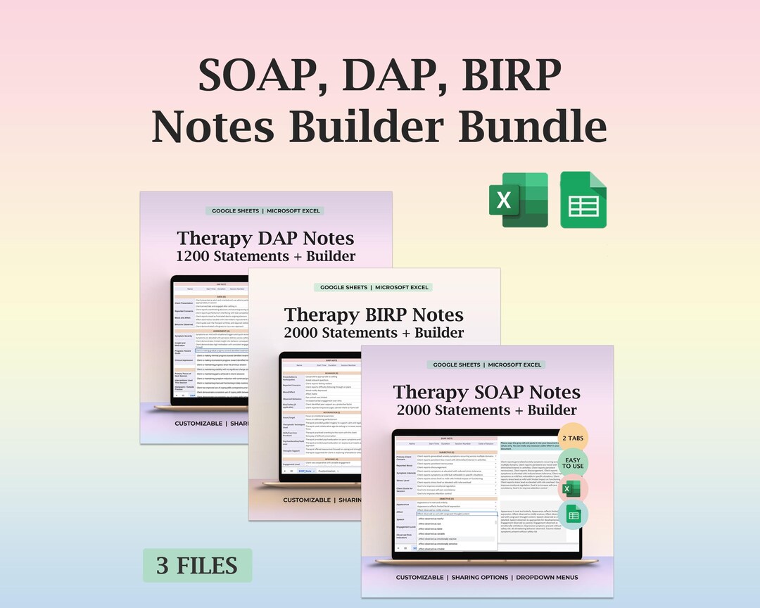 SOAP DAP BIRP Notes Builder Bundle Spreadsheet Therapy Progress ...