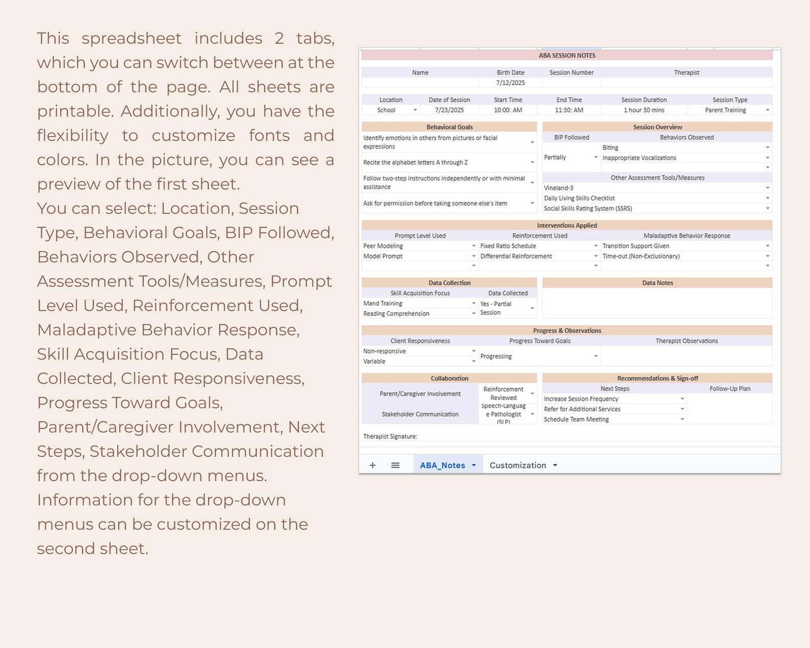 ABA Session Notes Template Bcbas Rbts Applied Behavior Analysis ...