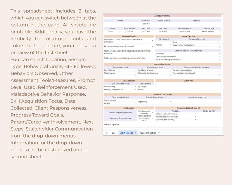ABA Session Notes Template Bcbas Rbts Applied Behavior Analysis ...