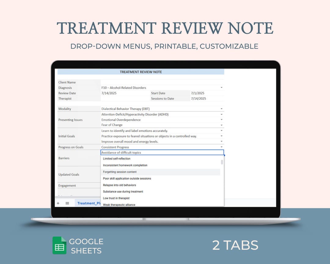 Therapy Treatment Review Note Template Progress Tracking Mental Health ...