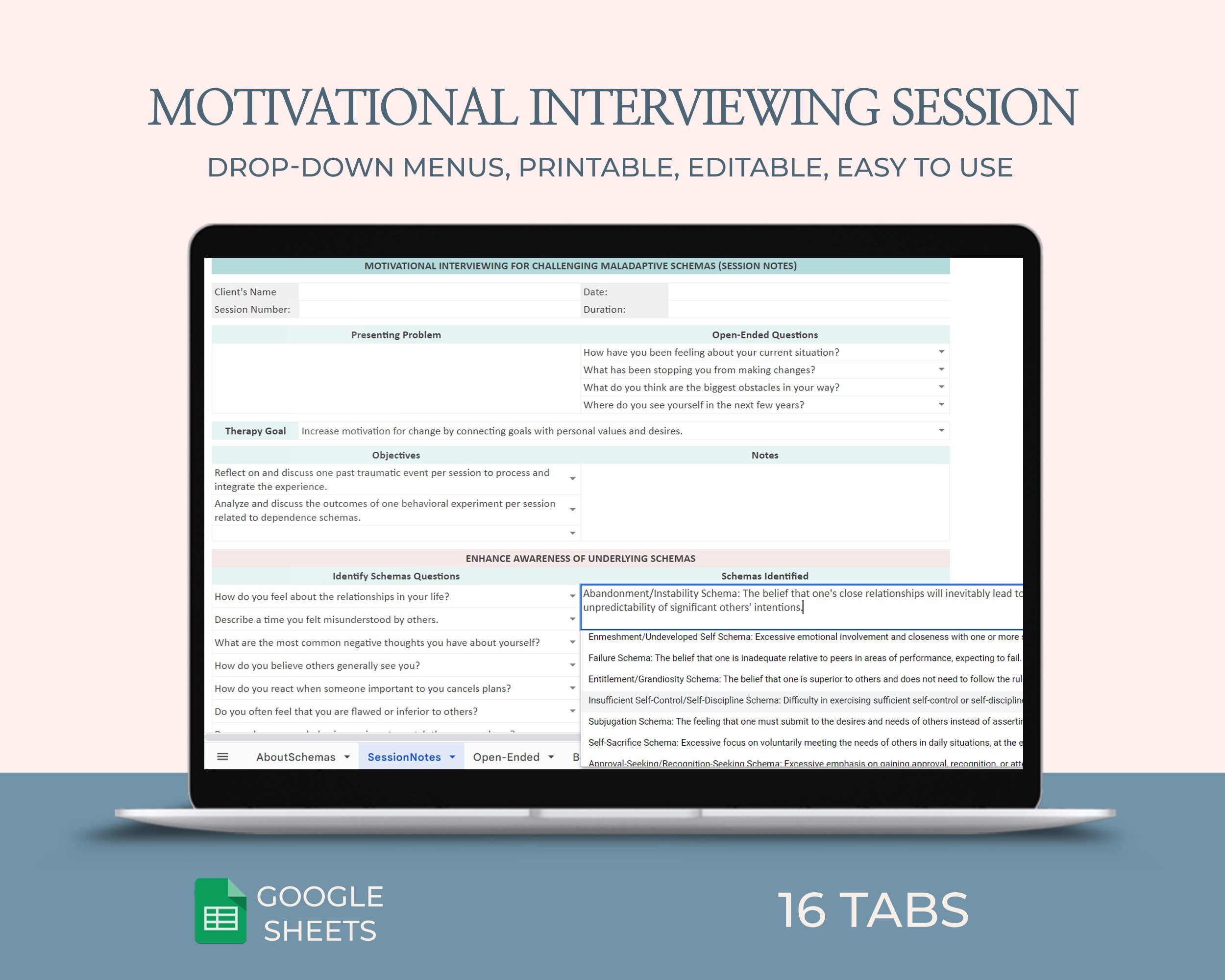 Motivational Interviewing Notes Template, Schema Therapy Session ...