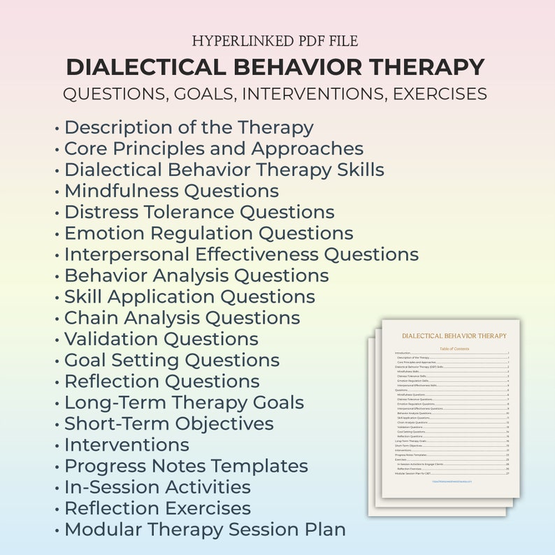 DBT Therapy Questions Psychotherapy Guide Dialectical Behavior Session Plan DBT Objectives Goals ...