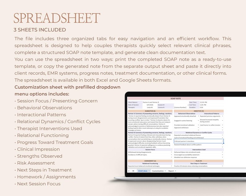 Couples Therapy SOAP Note Builder Spreadsheet LMFT Documentation Tool ...