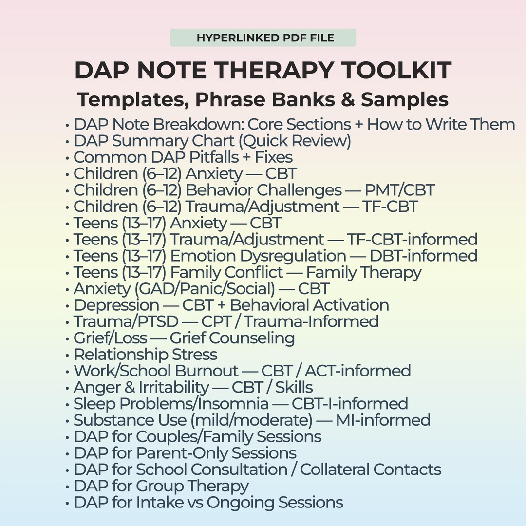 DAP Progress Notes Phrase Bank PDF Therapist Documentation Template ...