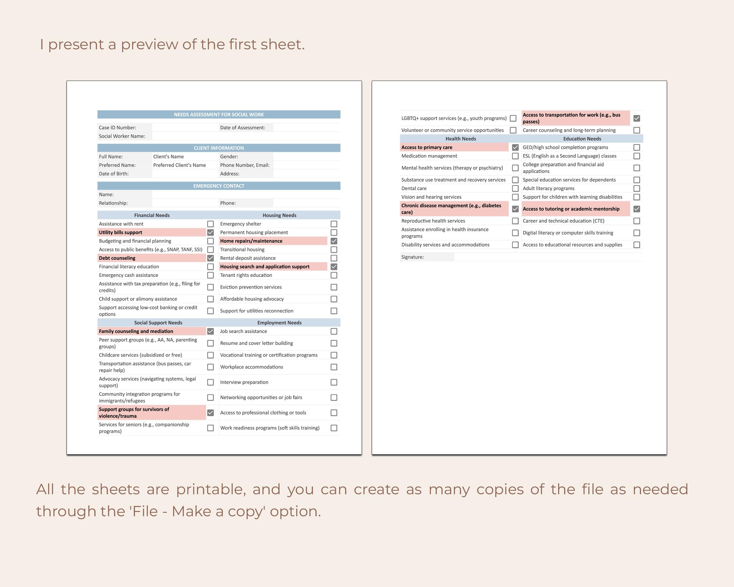 Social Work Need Assessment, Social Worker Form, Documents for Social ...