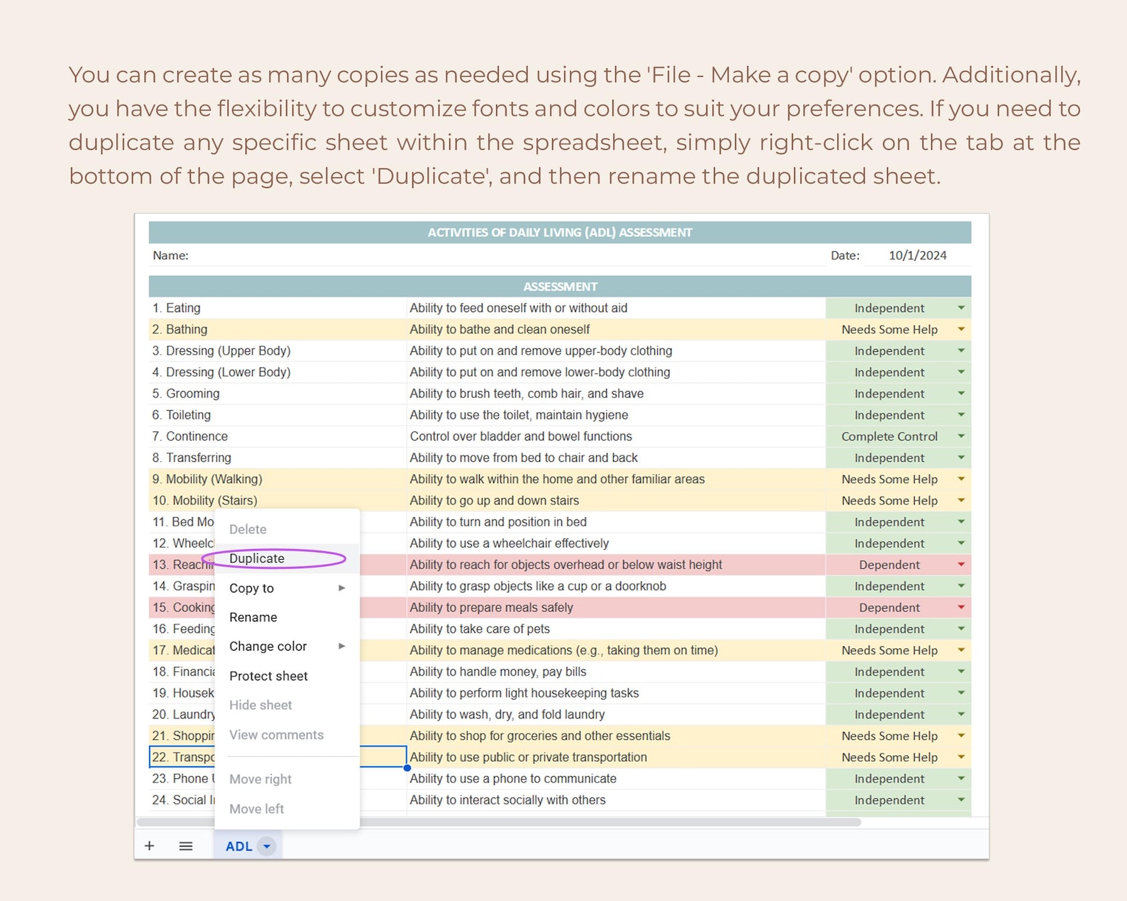 Activities of Daily Living Assessment Checklist ADL Evaluation Tool ...