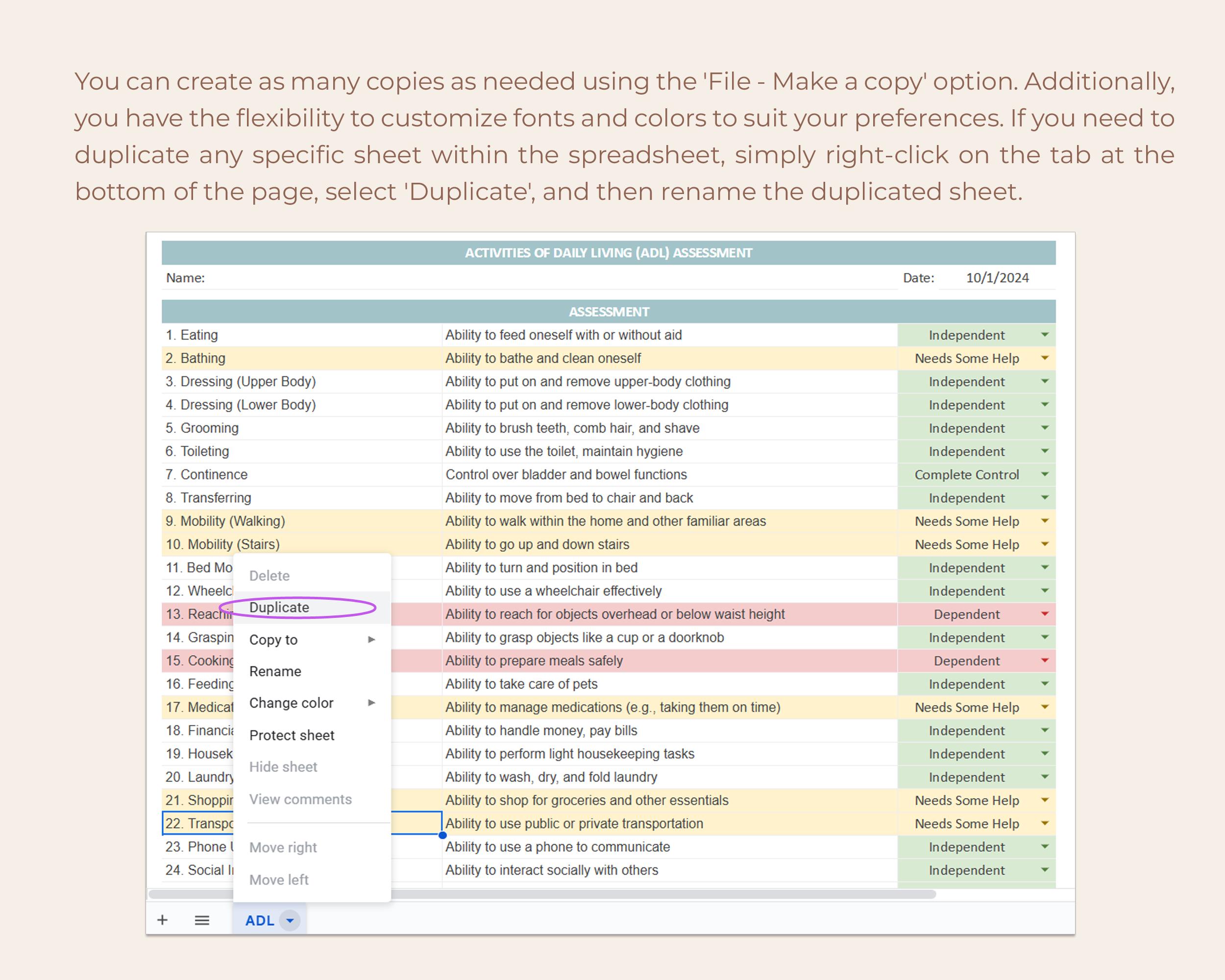 Activities of Daily Living Assessment Checklist ADL Evaluation Tool ...