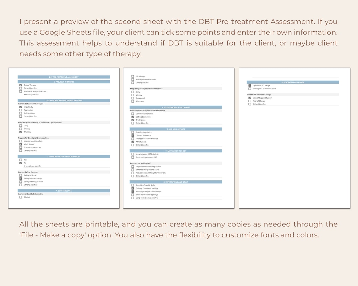 DBT Intake Form, DBT Pre-treatment Assessment, Dbt Psychotherapy, Dialectical Therapy ...