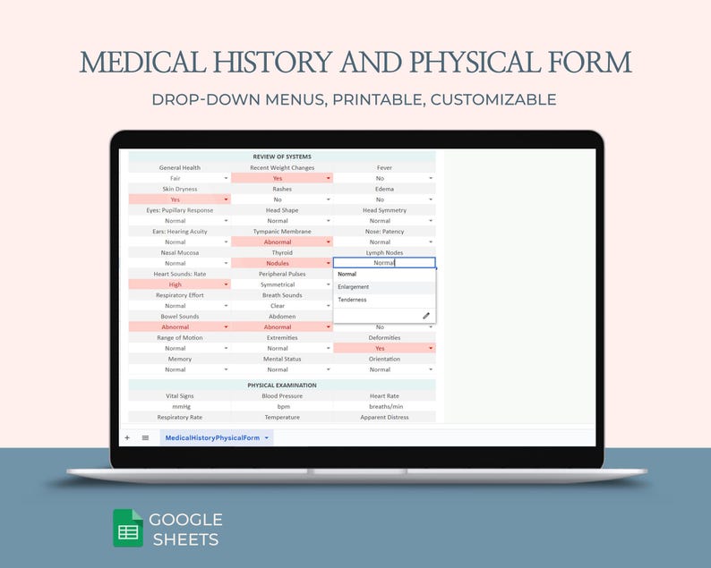 History Physical Exam Template Printable Medical H and P Form Nurse ...