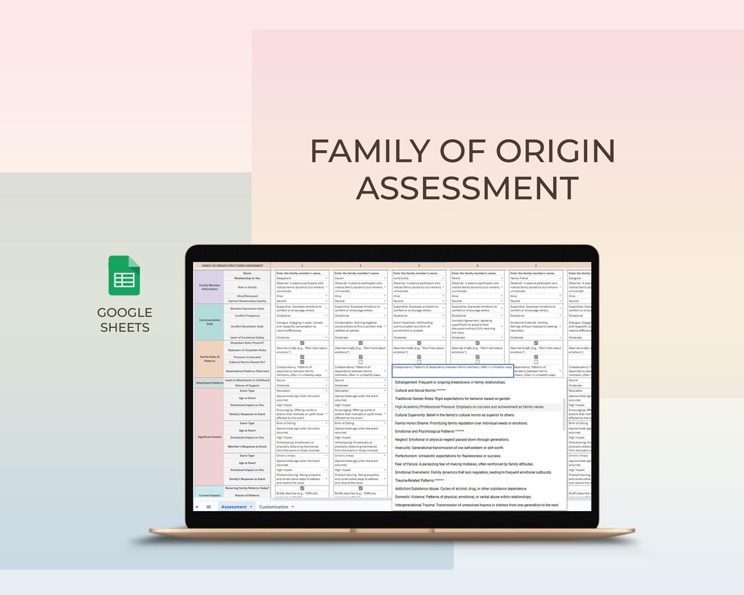 Family of Origin Worksheet, Family Therapy Assessment, Family of Origin Assessment, Family ...
