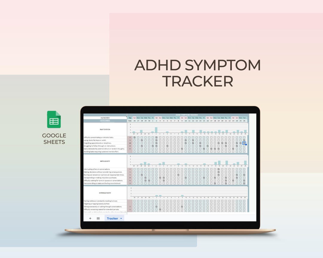 ADHD Tracker Spreadsheet Google Sheets Digital Journal Daily Log for ...