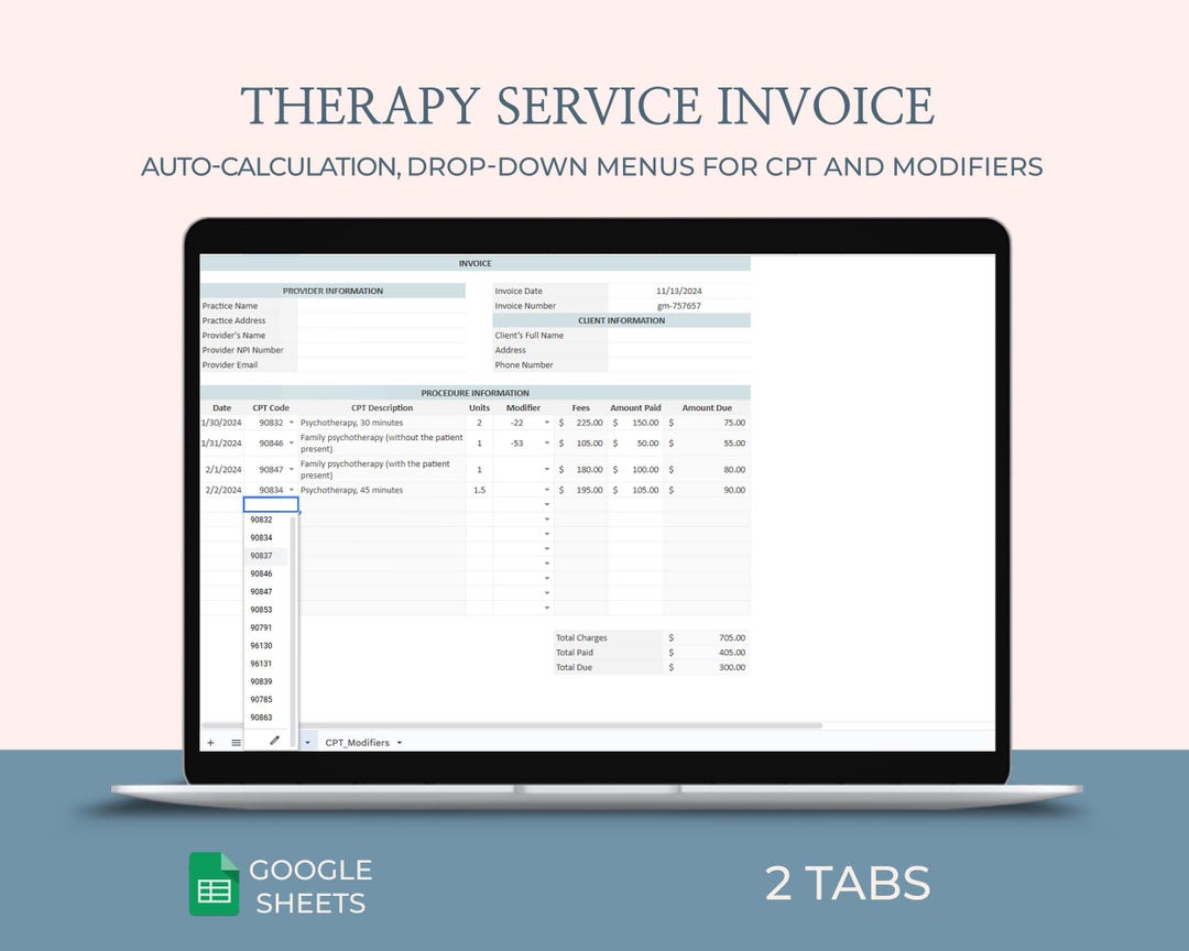 Invoice for Therapy Service, Invoice Google Sheets, Medical Invoice ...