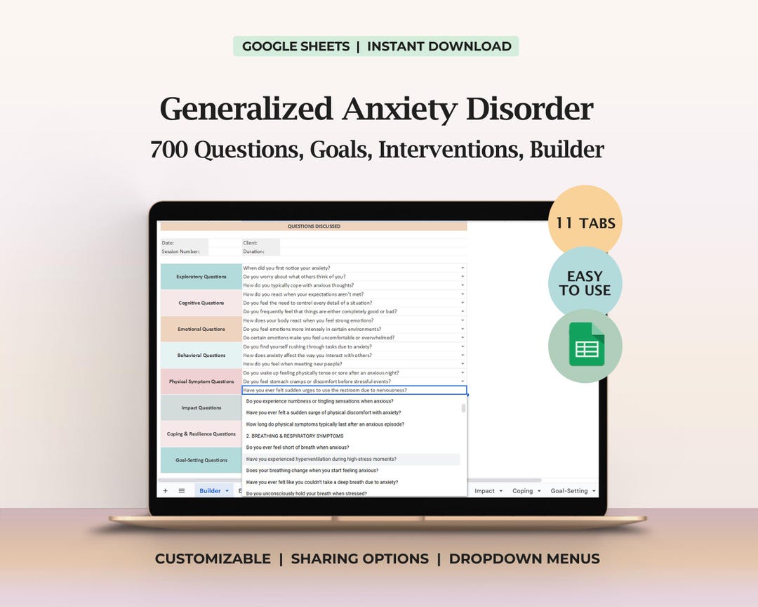 Generalized Anxiety Therapy Toolkit Printable GAD Session Planner Goals ...