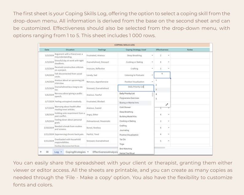 Coping Skills Log, Self Help, Therapy Template, Therapy Tool, Mental ...