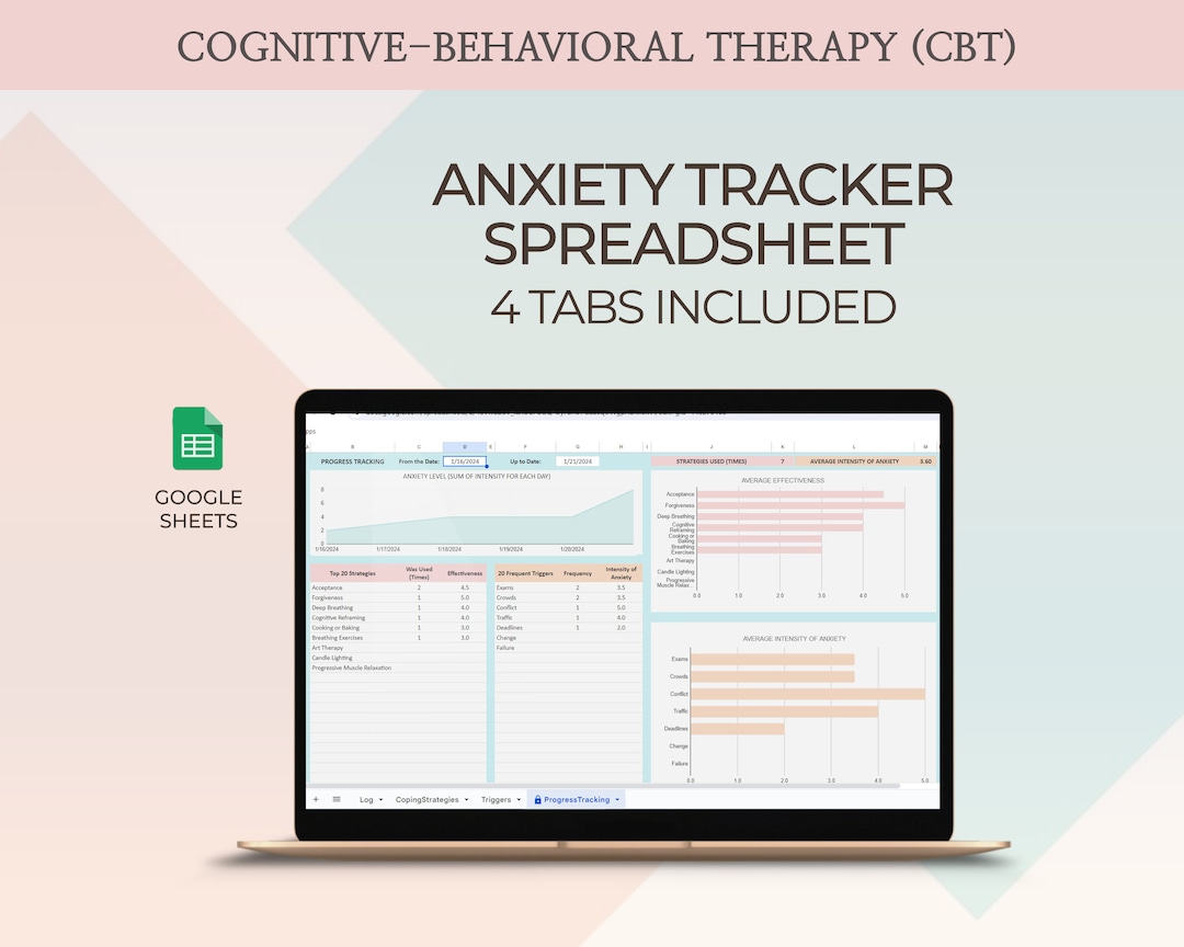 Anxiety Tracker CBT Log Mental Health Spreadsheet Therapist Aid ...