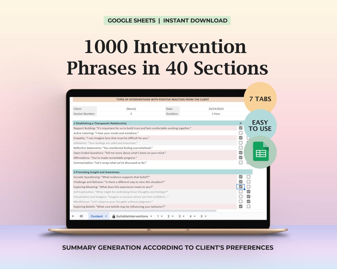 Therapeutic Intervention Phrases Therapy Template Counseling Tool ...
