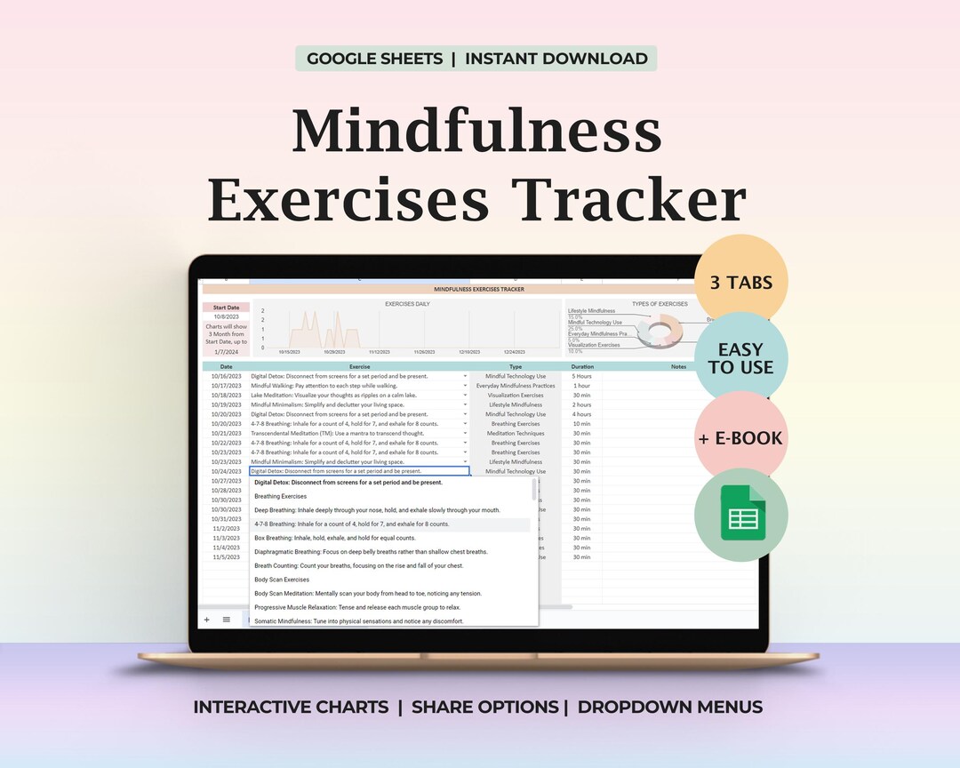 Mindfulness Exercises Tracker Spreadsheet Core Values Chart Therapy ...