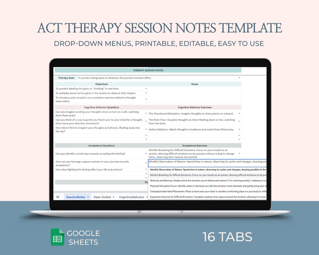 ACT Therapy Notes Template, Acceptance Commitment Therapy Session ...