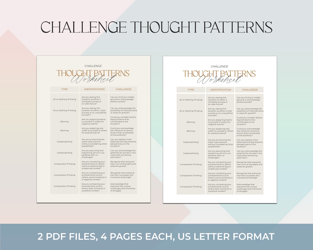 Thought Patterns Challenge, CBT Worksheet, Cognitive Distortion ...
