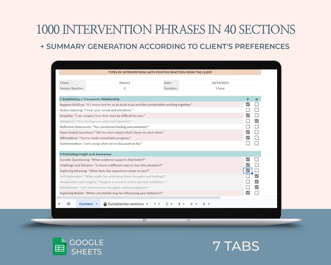 Therapeutic Intervention Phrases Therapy Template Counseling Tool ...