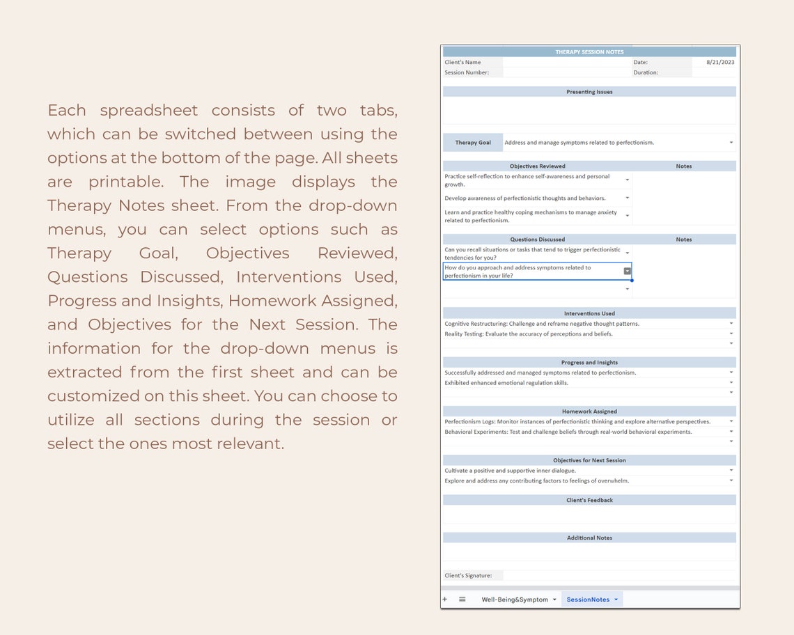 Therapy Goals Session Notes Template Treatment Objectives Intervention ...