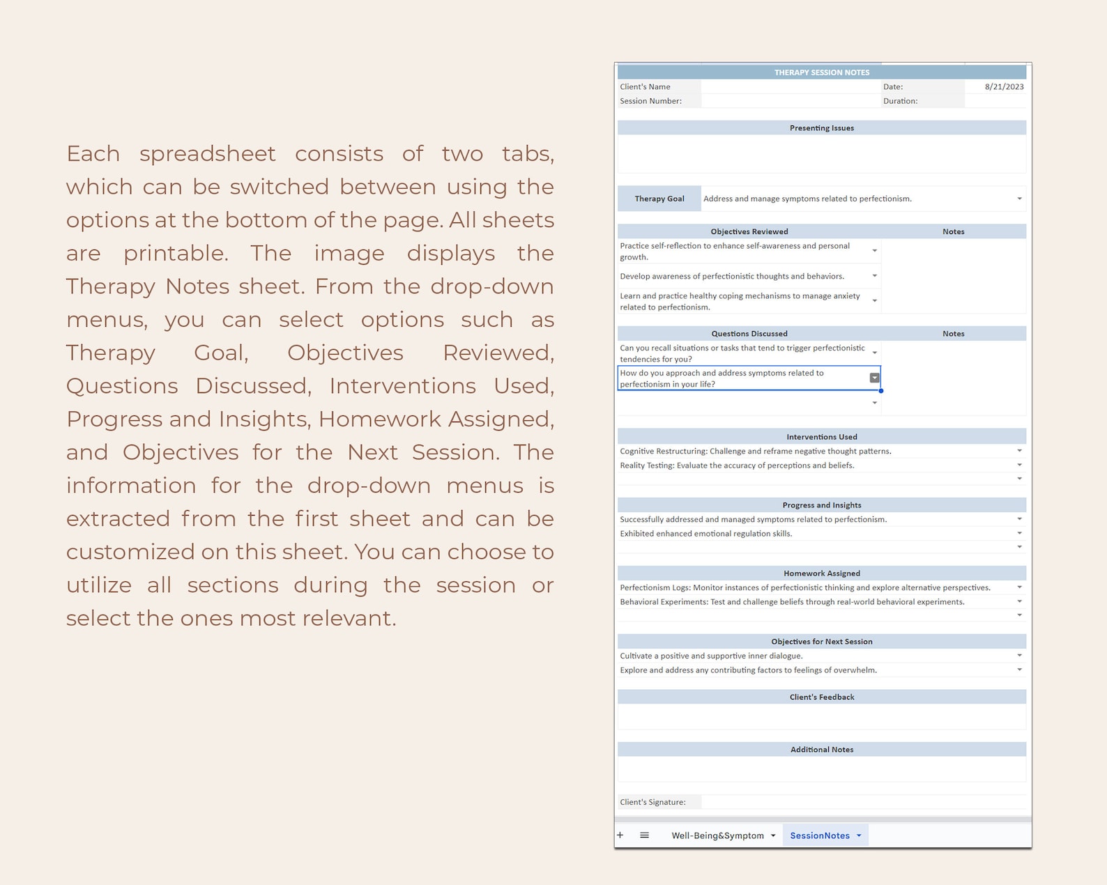 Therapy Goals Session Notes Template Treatment Objectives Intervention ...