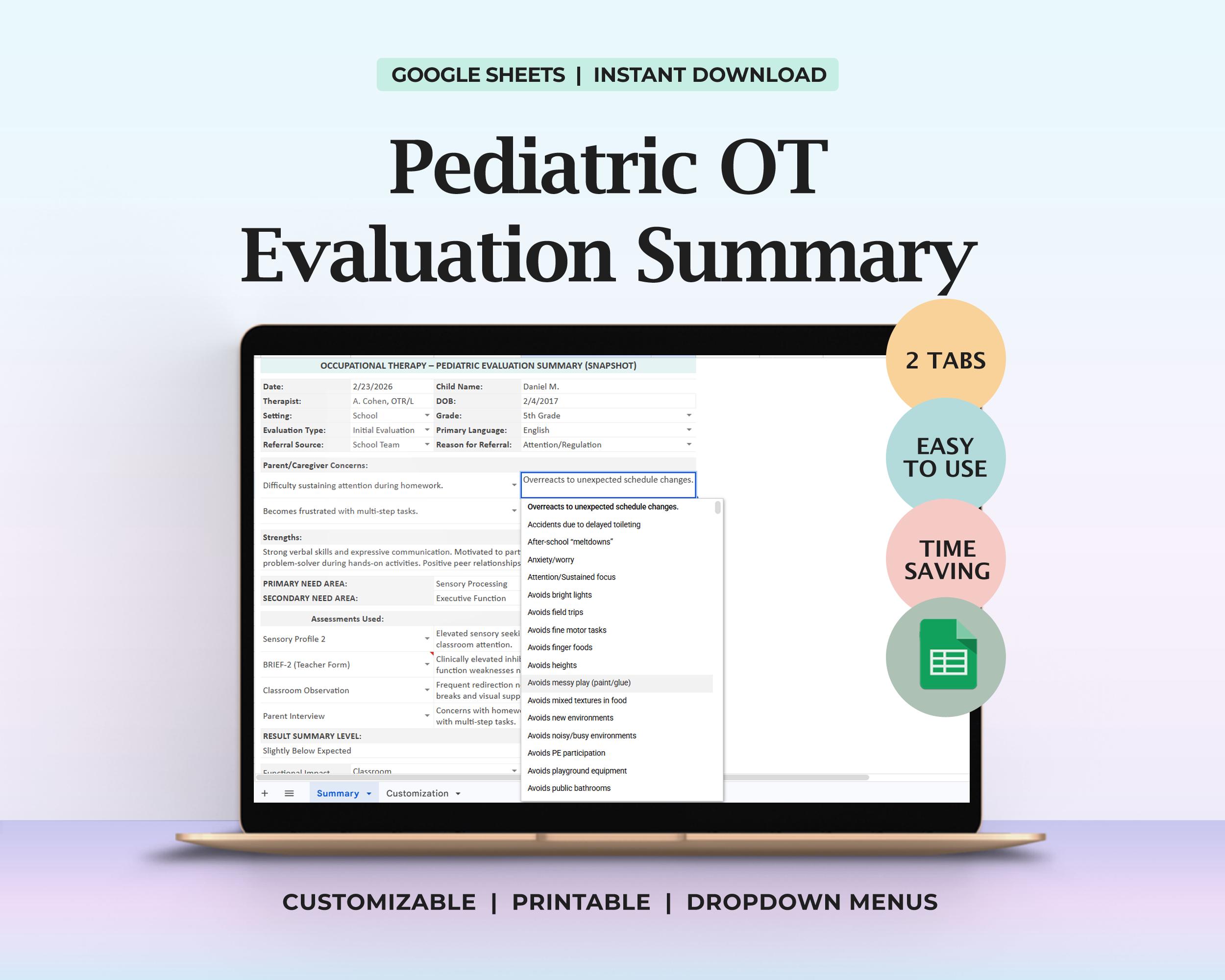 Pediatric OT Evaluation Template Google Sheets School Based ...