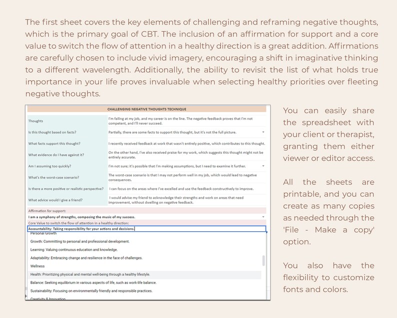 Reframing Negative Thoughts CBT Affirmations Core Values Clarification Challenging Thinking ...