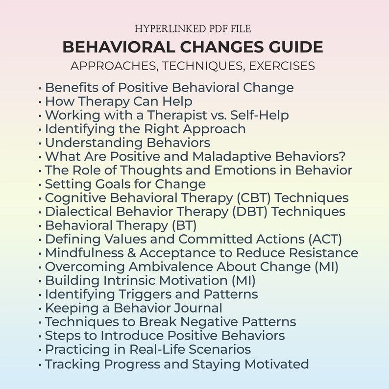 Behavioral Changes Guide Therapy Cheat Sheet PDF Psychotherapy Mood ...