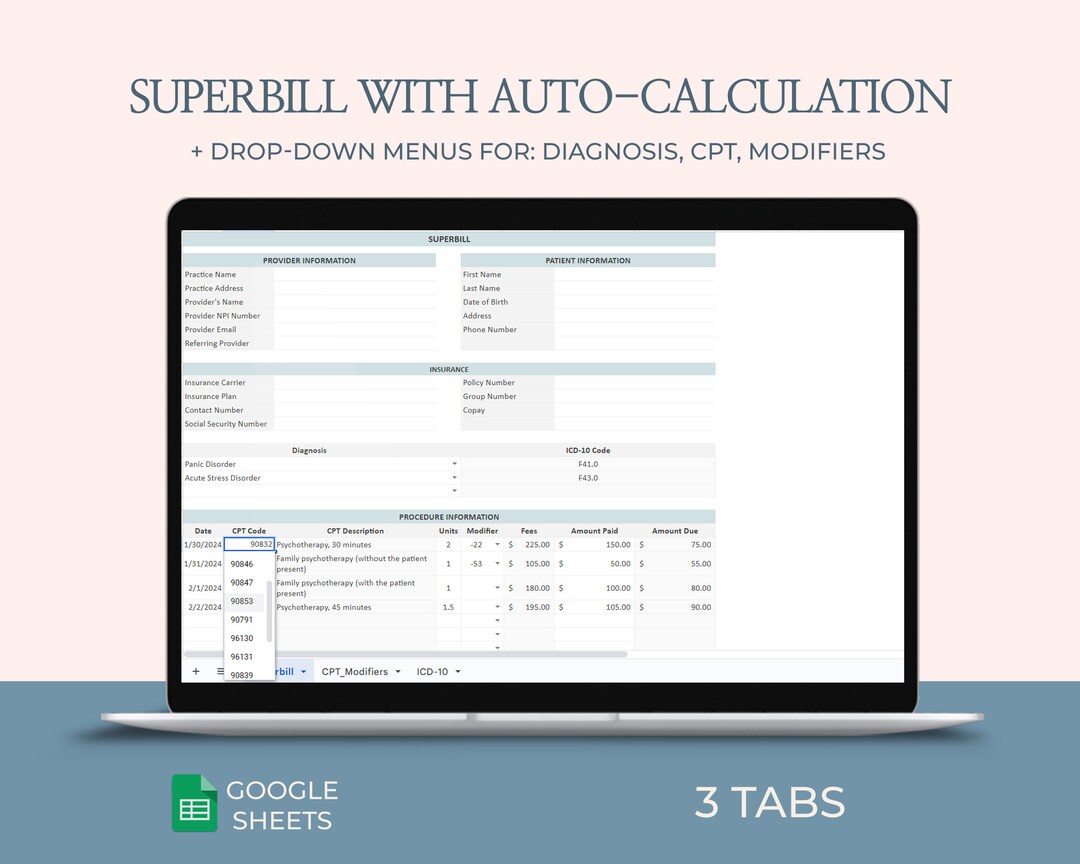Superbill for Therapy, Superbill Google Sheets, Medical Superbill ...