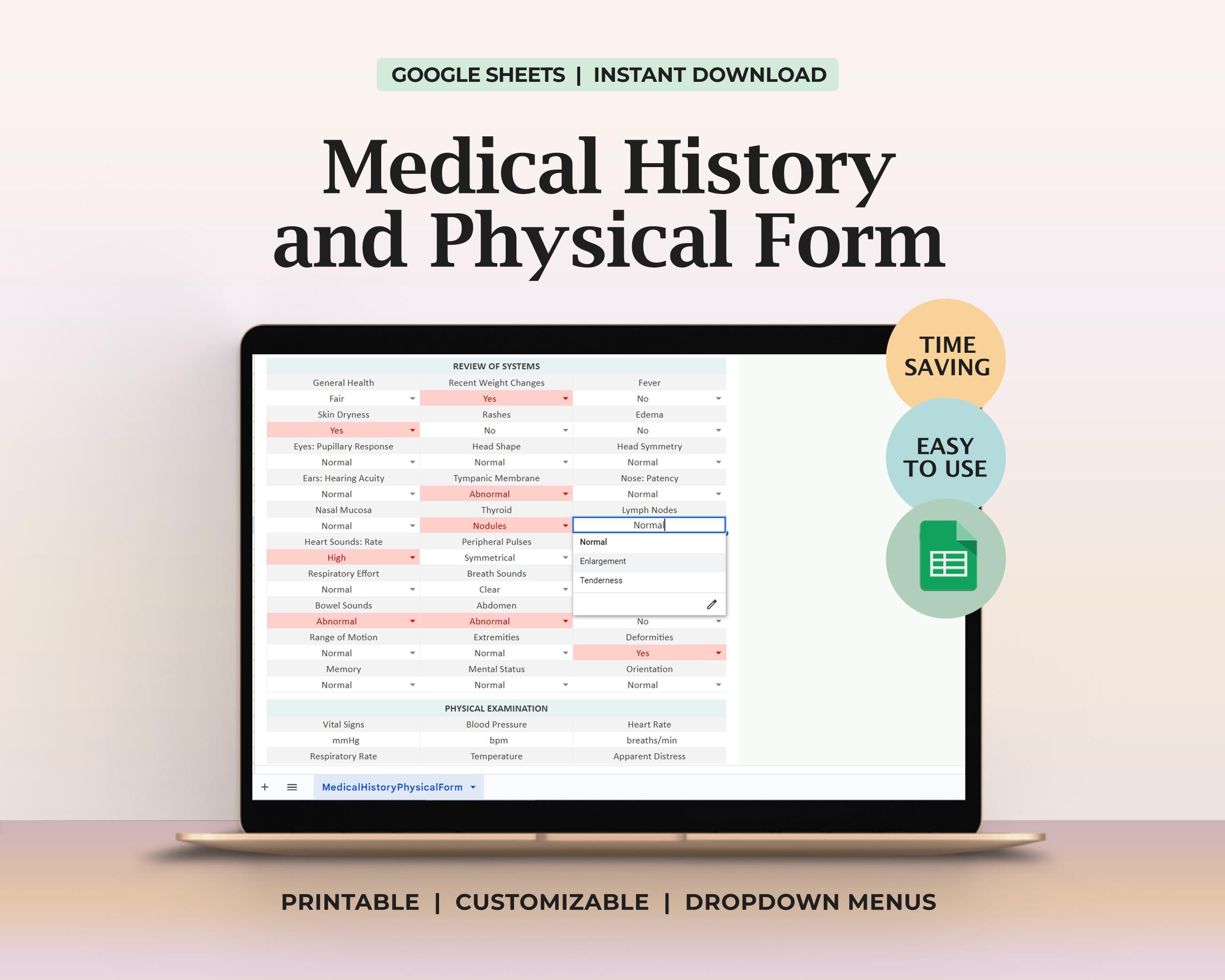 History Physical Exam Template Printable Medical H and P Form Nurse ...